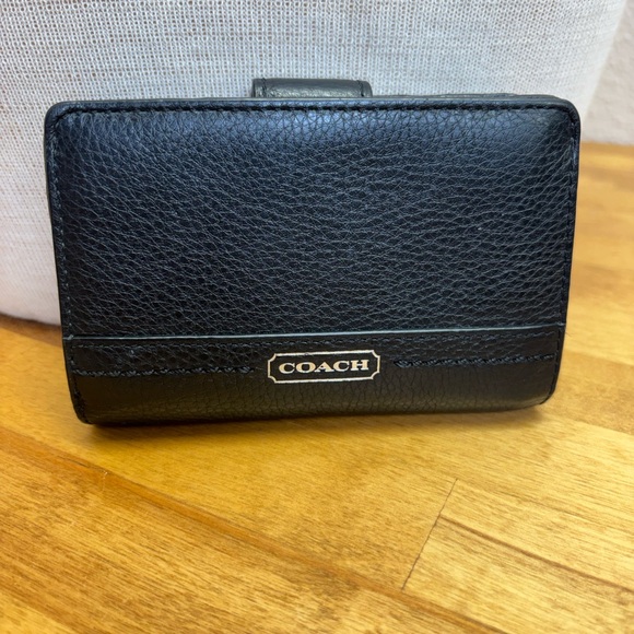 Coach | Bags | Coach Black Pebble Leather Mini Trifold Wallet Snap Flap ...